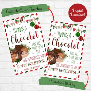 Thanks a Chocolot for All That You Do Gift Tags,christmas Chocolate ...