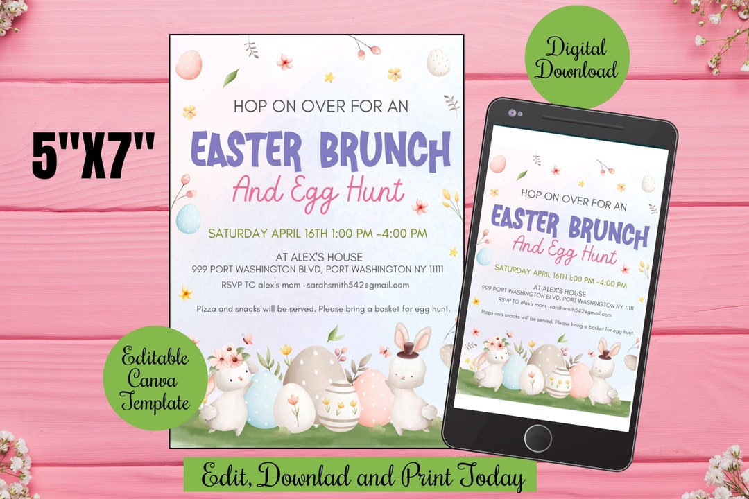 EDITABLE Easter Egg Hunt Party Invite Evite ,cute Easter Brunch and Egg ...
