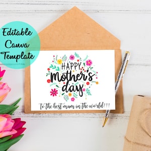 Happy Mothers Day Card With Floral Design, Editable in Canva Template ...