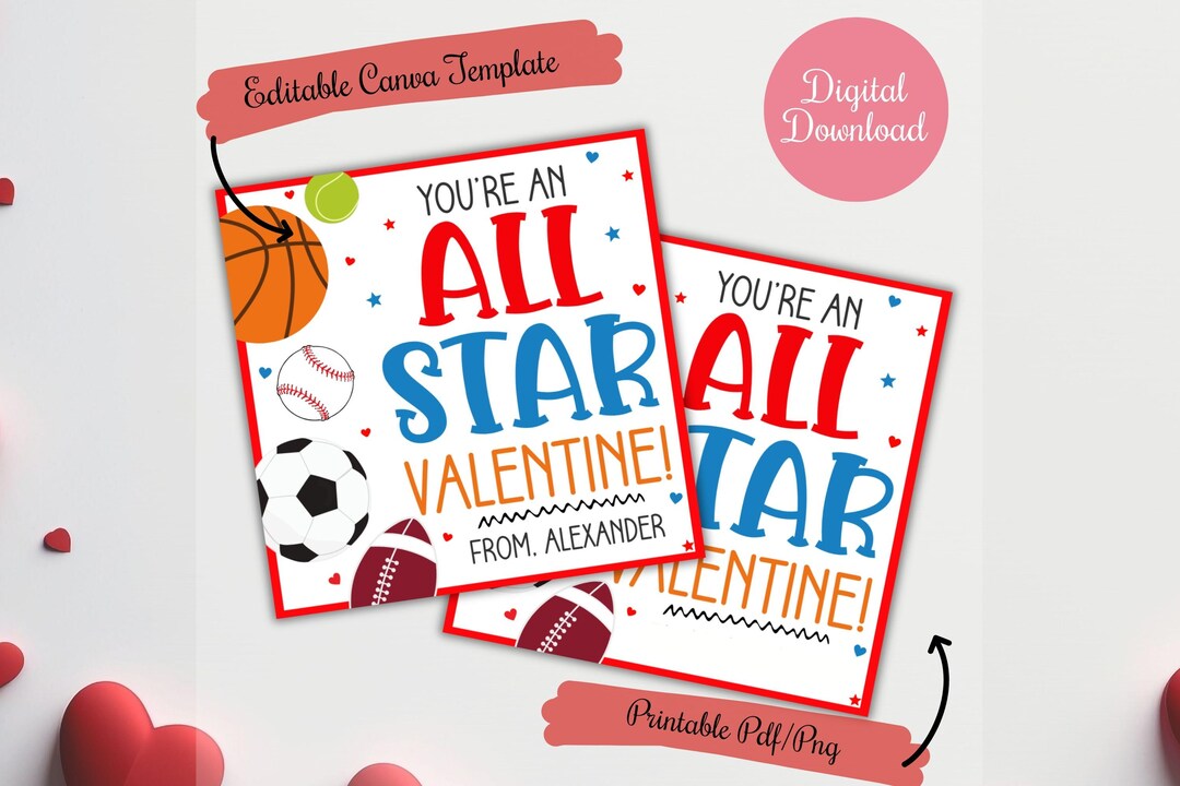 You're an All-star Valentine, Printable Editable Sports Valentine Gift ...