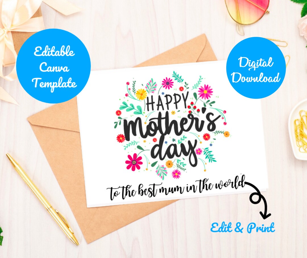 Happy Mothers Day Card With Floral Design, Editable in Canva Template ...
