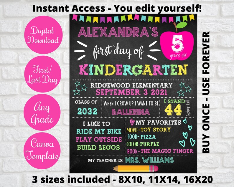 Chalkboard First Day of School Sign Printable Editable Canva - Etsy