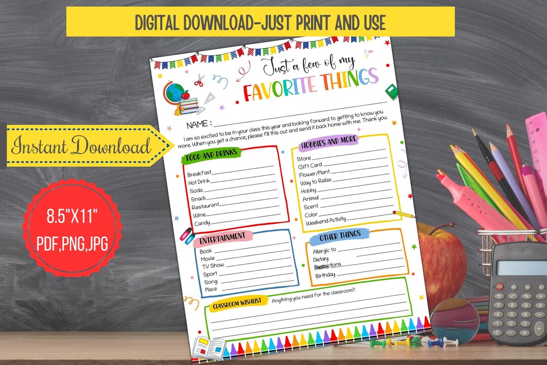 Printable Colorful Teacher Favorites Questionnaire, Back to School ...