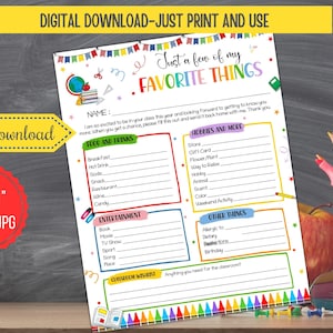 Printable Colorful Teacher Favorites Questionnaire, Back to School ...