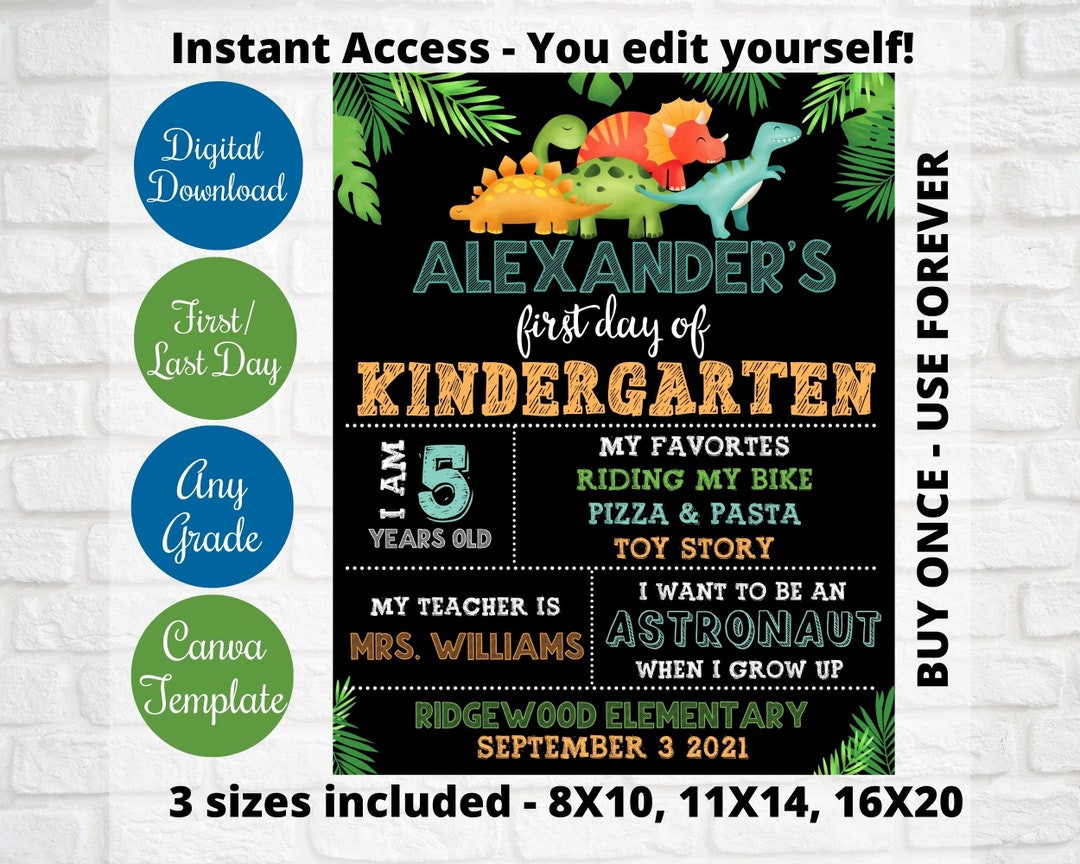 Editable Dinosaur First Day of School Sign Printable, Editable Canva ...
