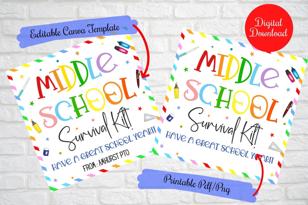 Middle School Survival Kit Printable Tag, School Supplies Gift Tag for ...