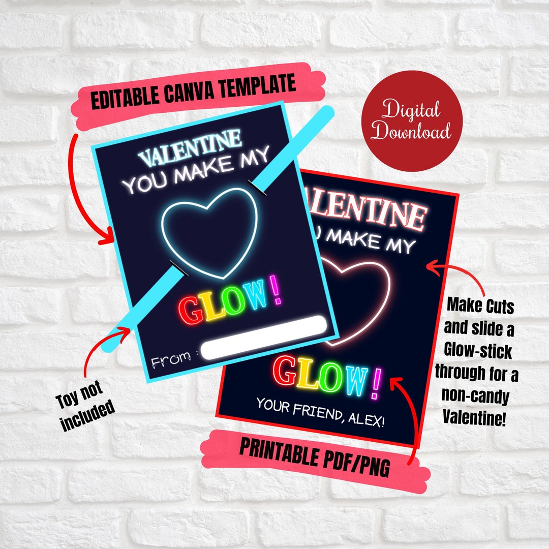 Valentine's Day Glow Stick Gift Tags,editable Printable Kids Non-candy ...