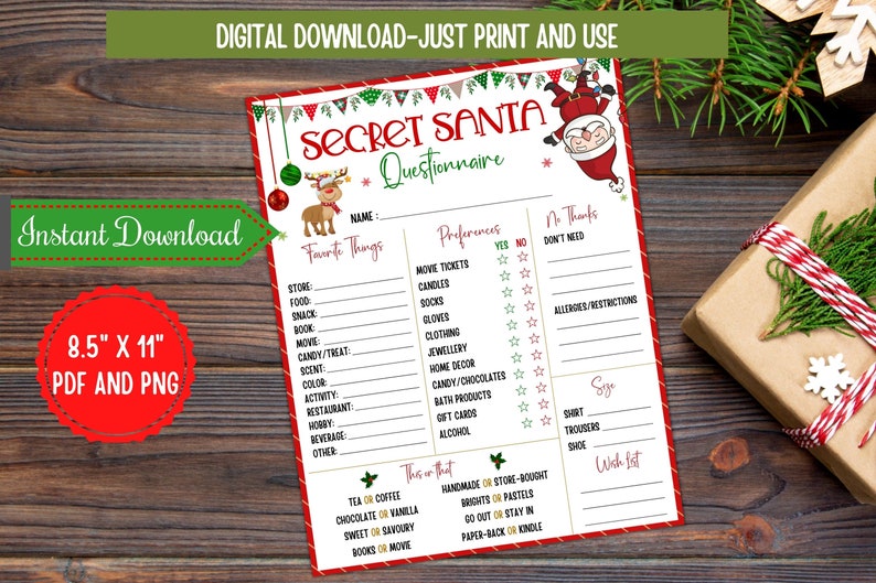 Printable Secret Santa Questionnaire for Work/office/family Gift ...