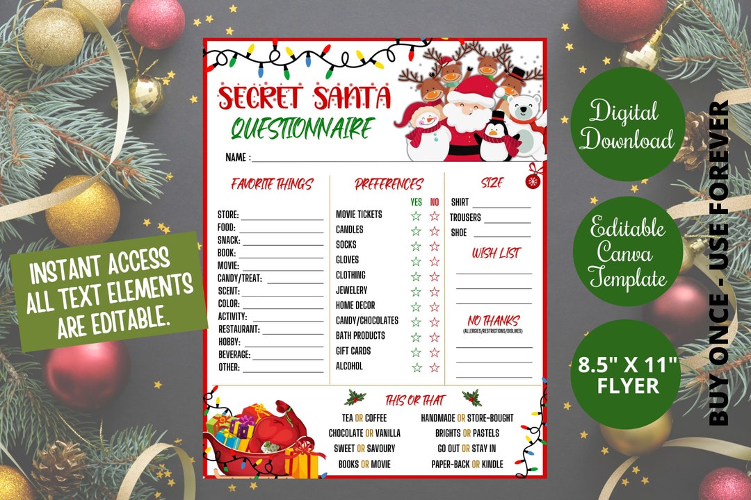 Secret Santa Questionnaire for Work/office/family,editable Template ...