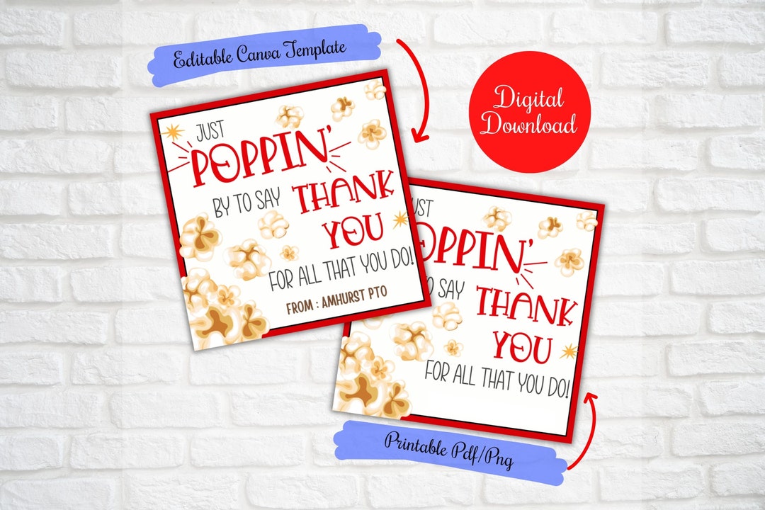 Just Poppin by to Say Thank You Gift Tag,popcorn Appreciation Gift Tag ...