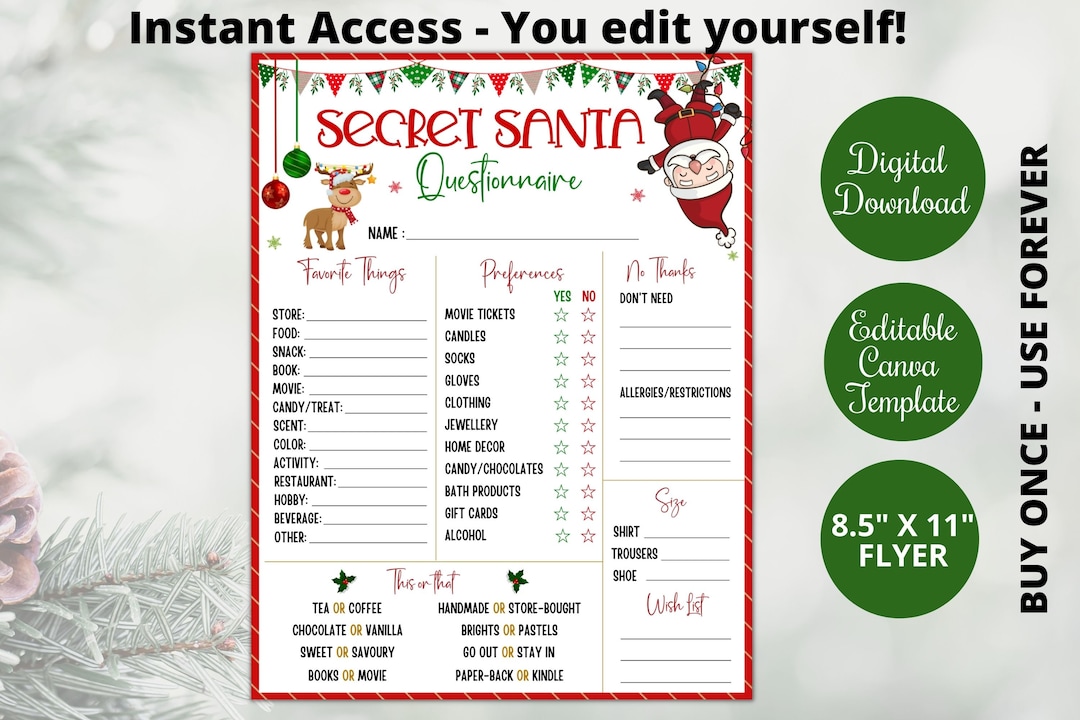 Editable Secret Santa Questionnaire Template for Work/office/family ...