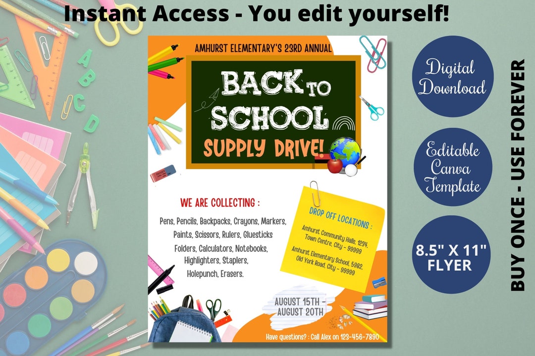 Back to School Supply Drive Flyer for PTO, PTA, Editable, Printable ...