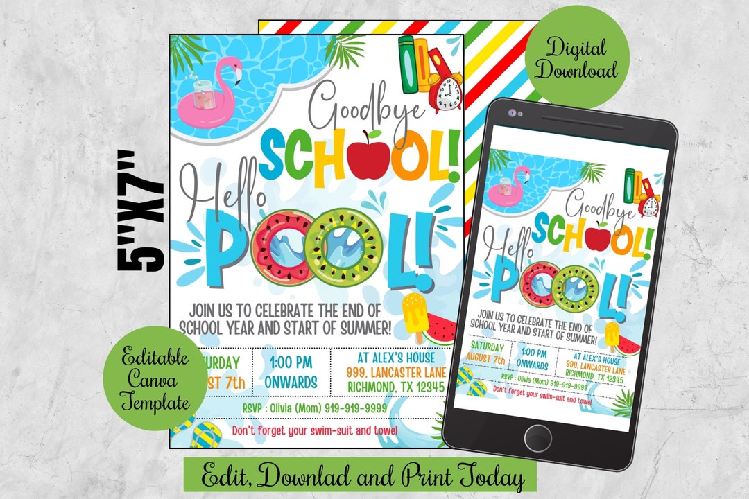 EDITABLE Goodbye School Hello Pool End of School Party Invite - Etsy