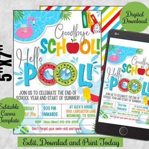 EDITABLE Goodbye School Hello Pool End of School Party Invite - Etsy