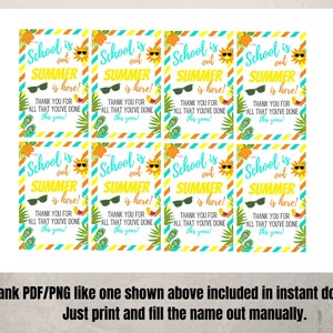 Schools Out Summer's Here Editable Thank You Gift Tags, Teacher ...