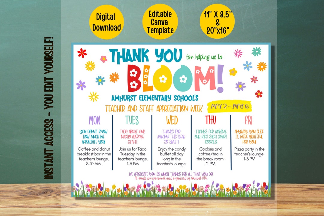 Editable Flowers/plants Teacher Appreciation Week Schedule,thanks for ...