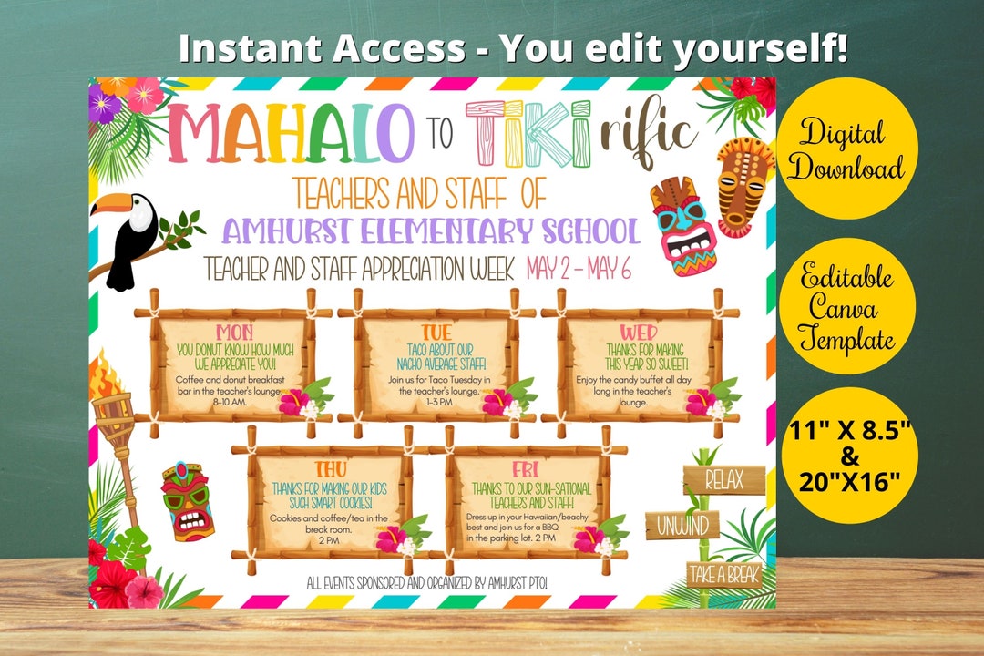 Editable Hawaii Luau Themed Teacher Appreciation Week Schedule, Mahalo ...