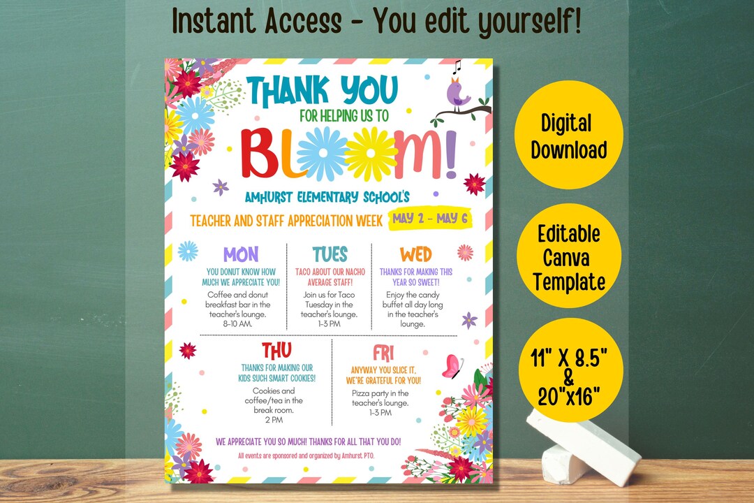 Editable Flowers/plants Theme Teacher Appreciation Week Schedule,thanks ...