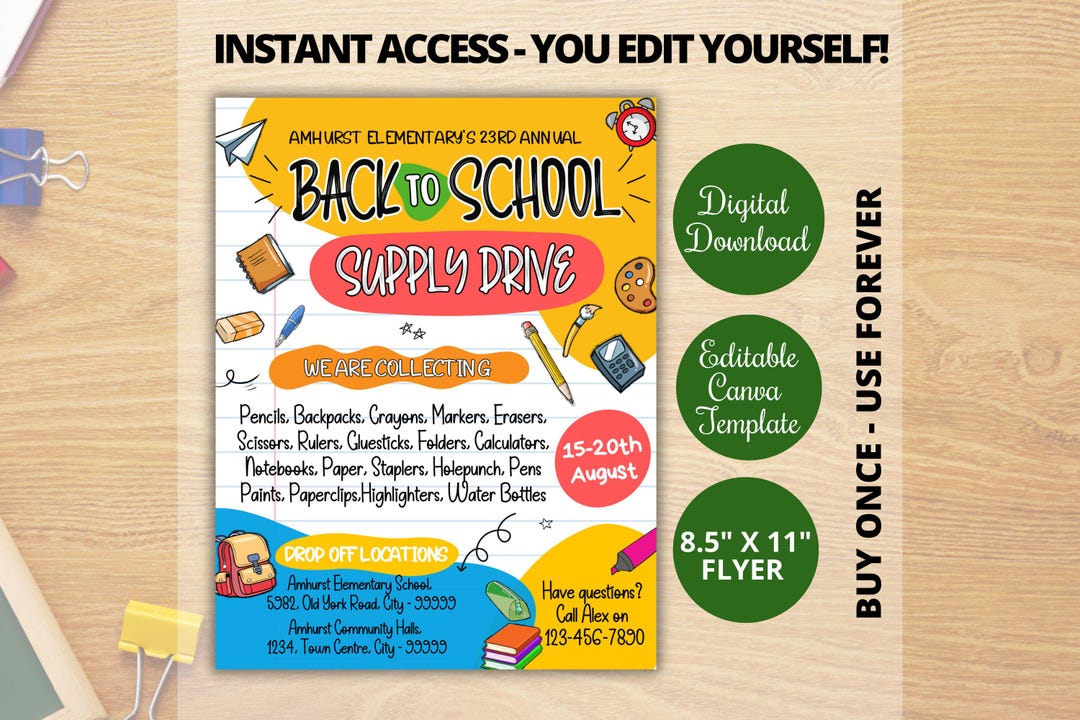School Supply Drive Flyer for PTO, PTA, Back to School Printable ...