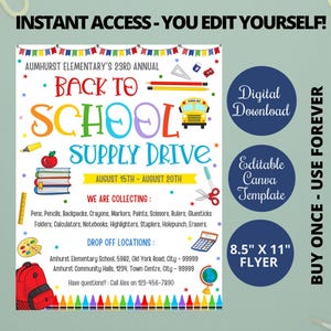 Back to School Supply Drive Flyer for PTO, PTA, Printable School Supplies Drive Fundraiser Flyer ...