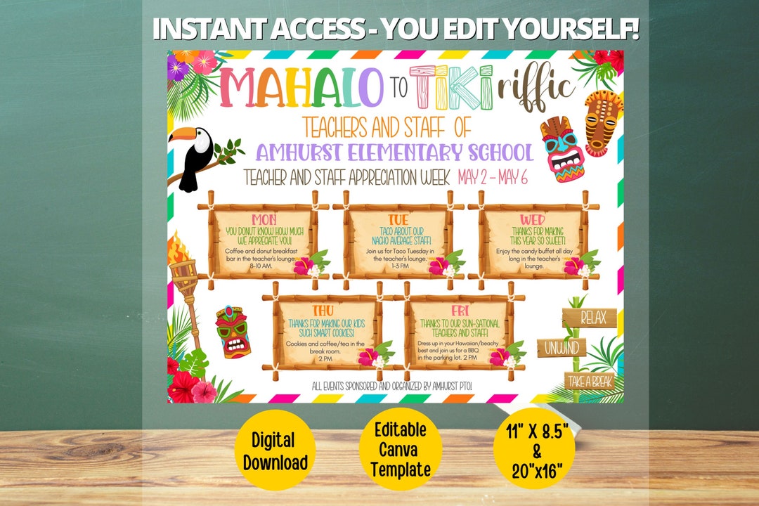 Editable Hawaii Luau Themed Teacher Appreciation Week Schedule, Mahalo ...