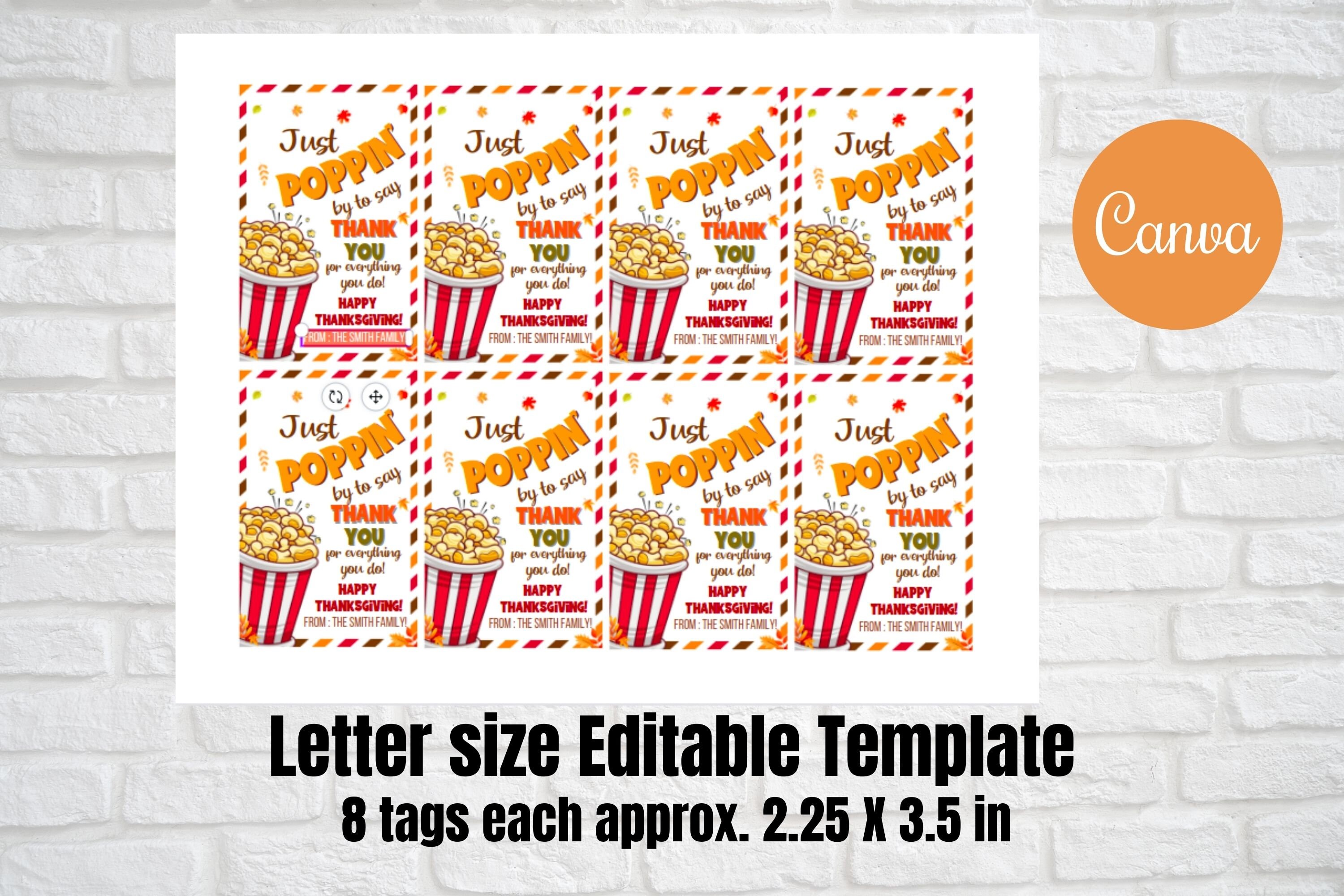 Popcorn Thanksgiving Gift Tags, Just Poppin by to Say Thank You ...