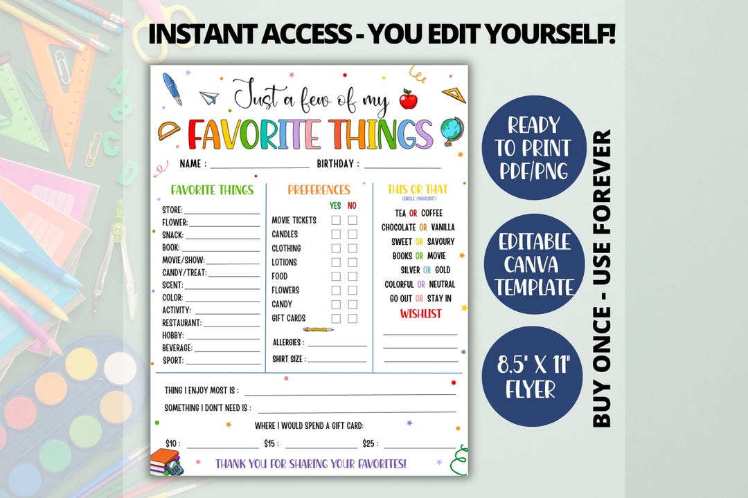 Teacher Favorite Things List, Back to School Teacher Gift Survey, A Few ...