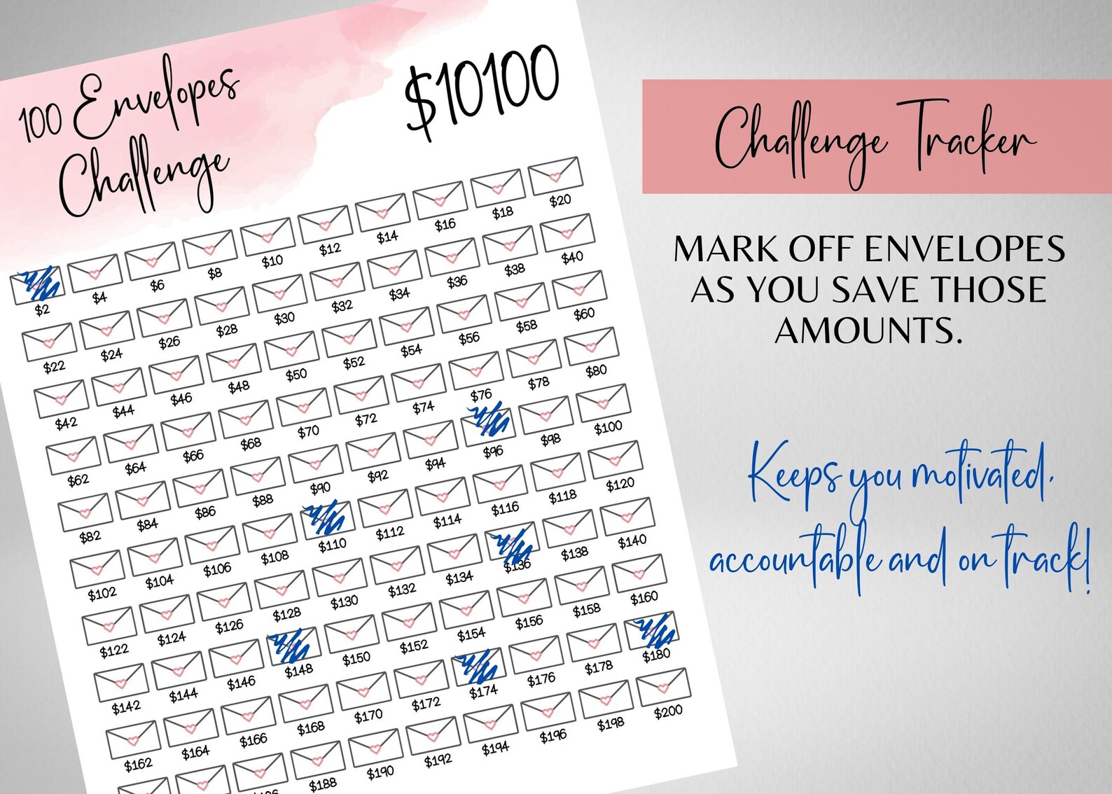Printable 100 Envelope Challenge Tracker, Envelope Savings Tracker to ...