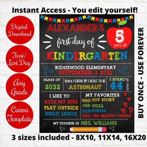 Chalkboard First Day of School Sign Printable, Bright Colors Editable ...