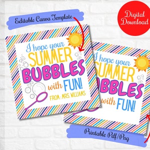 End of Year Class Bubbles Gift Tags, Hope Your Summer is Bubbles With ...