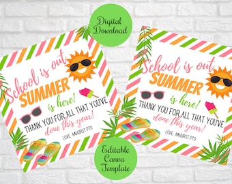 Schools Out Summer's Here Editable Thank You Gift Tags | Etsy