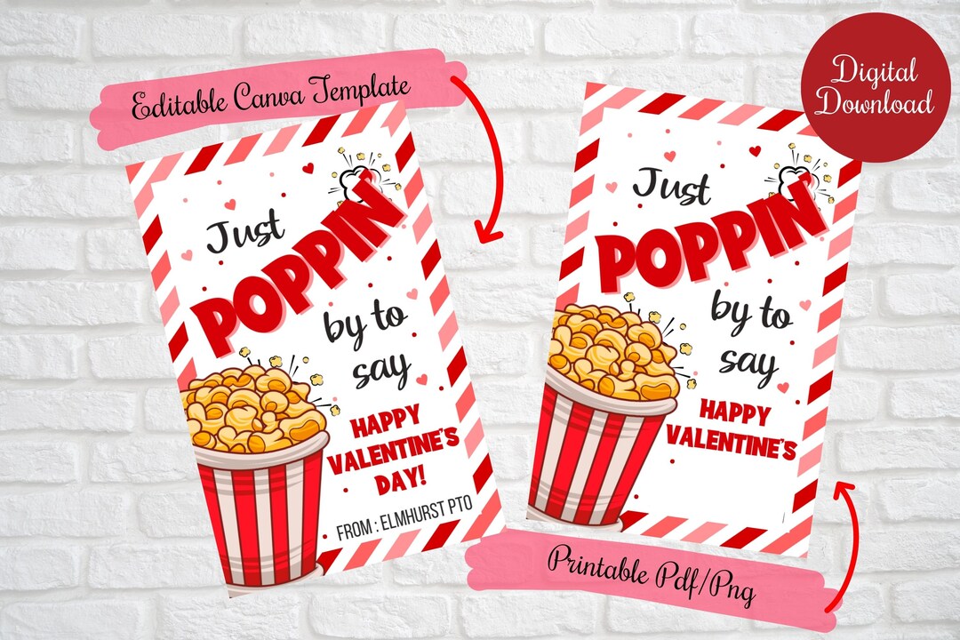 Valentine Popcorn Gift Tags, Just Poppin by to Say Happy Valentines Day ...
