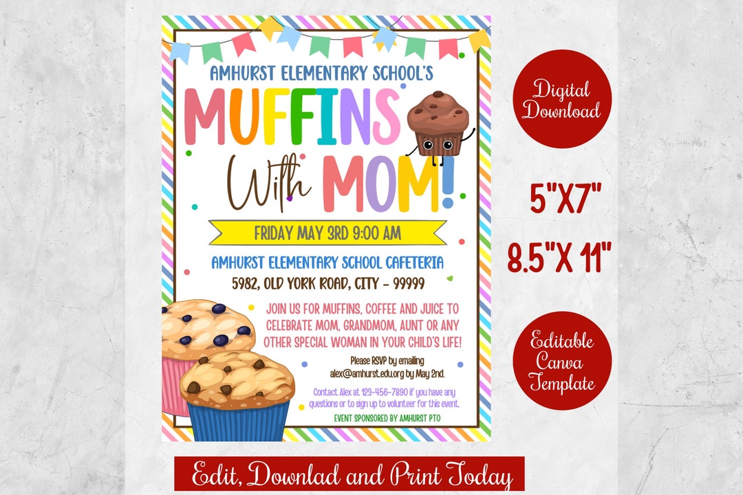 Muffins With Mom Invitation Flyer for PTO, PTA, Printable Mother's Day ...