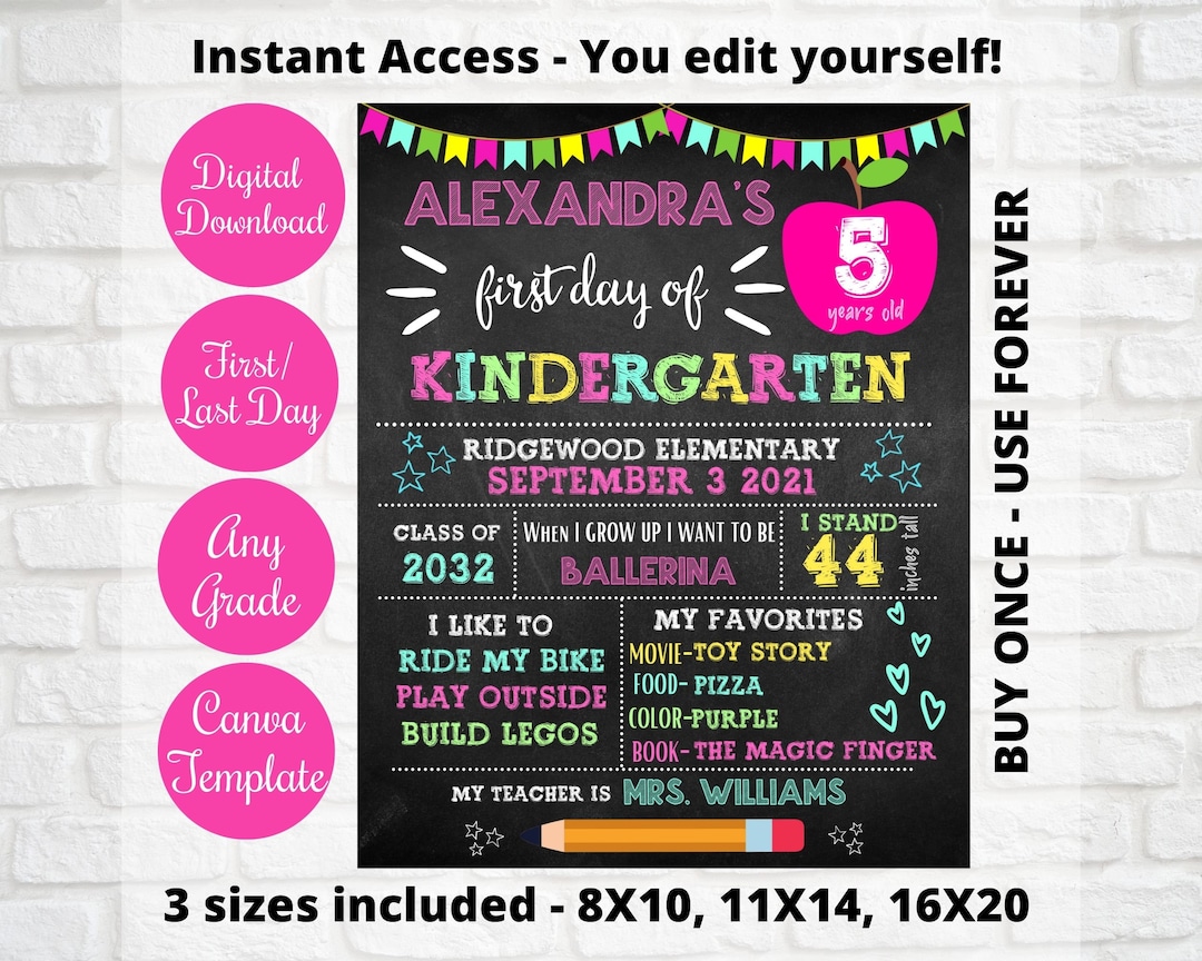 Chalkboard First Day of School Sign Printable, Editable Canva Template ...