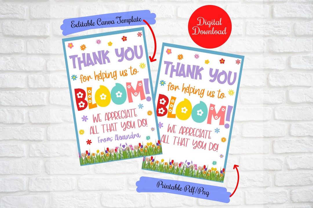 Teacher Appreciation Gift Tags, Thank You for Helping Us to Bloom Gift ...