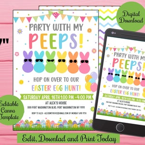 EDITABLE Easter Egg Hunt Party Invite Evite ,party With My Peeps Easter ...