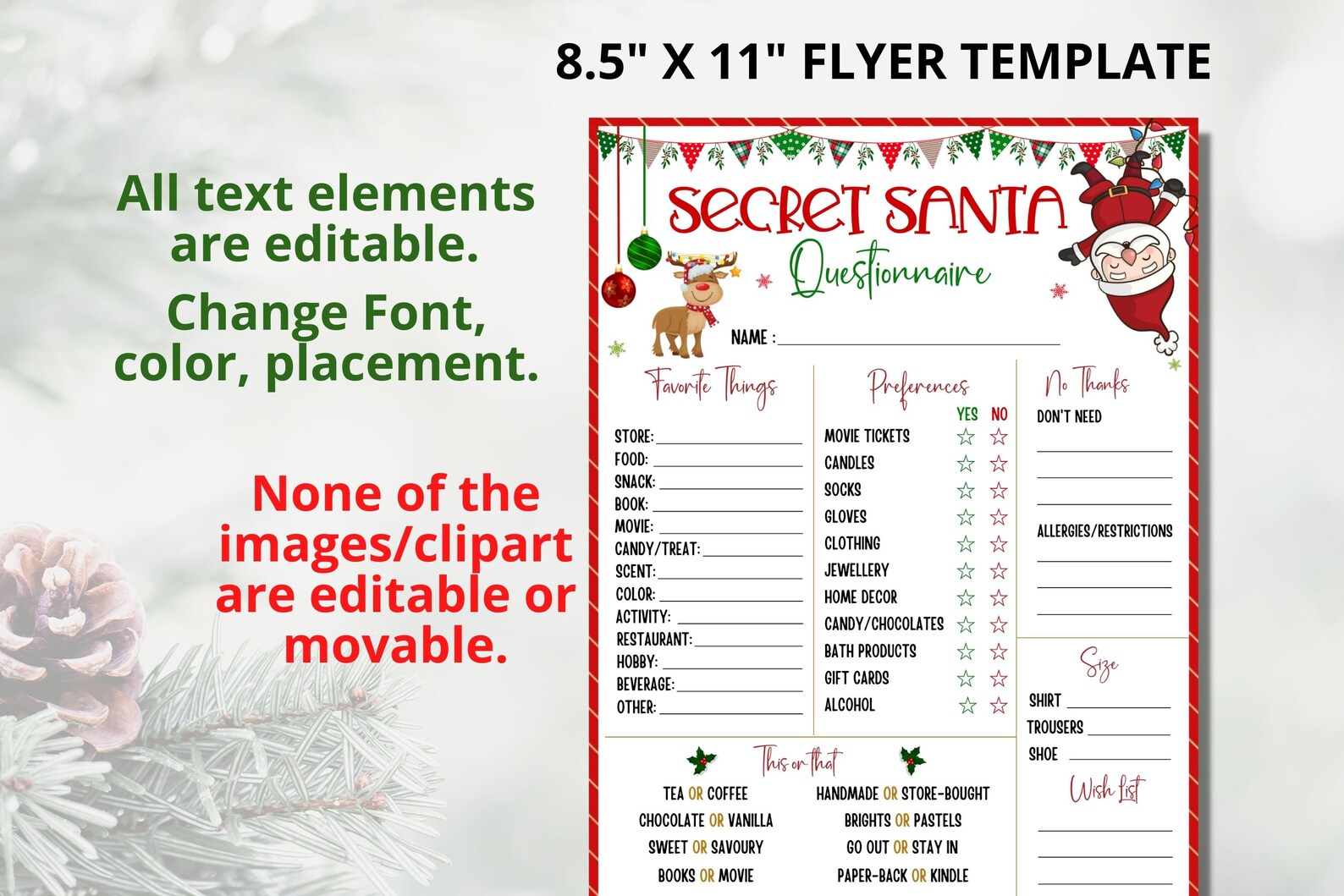 Editable Secret Santa Questionnaire Template for Work/office/family ...