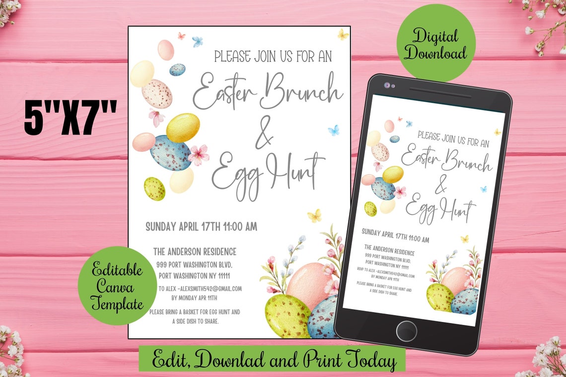 EDITABLE Easter Brunch and Egg Hunt Party Invite Evite ,aesthetic ...