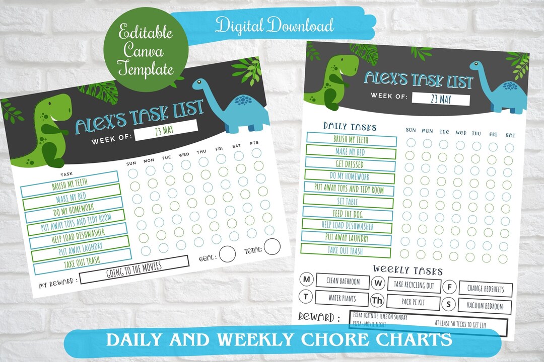 Cute Dinosaur Themed Responsibility Chore Chart for Kids in Editable ...