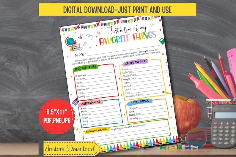 Printable Colorful Teacher Favorites Questionnaire, Back to School ...