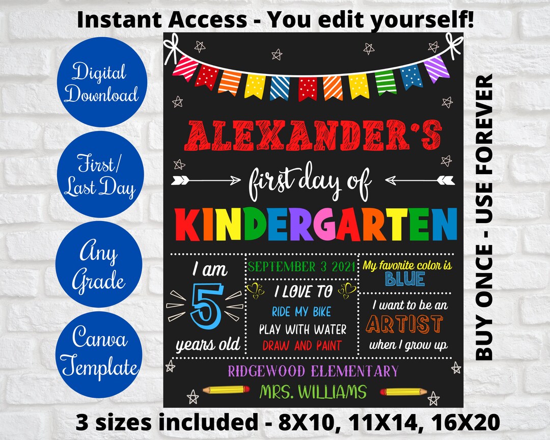 Chalkboard First Day of School Sign Printable, Editable Canva Template ...
