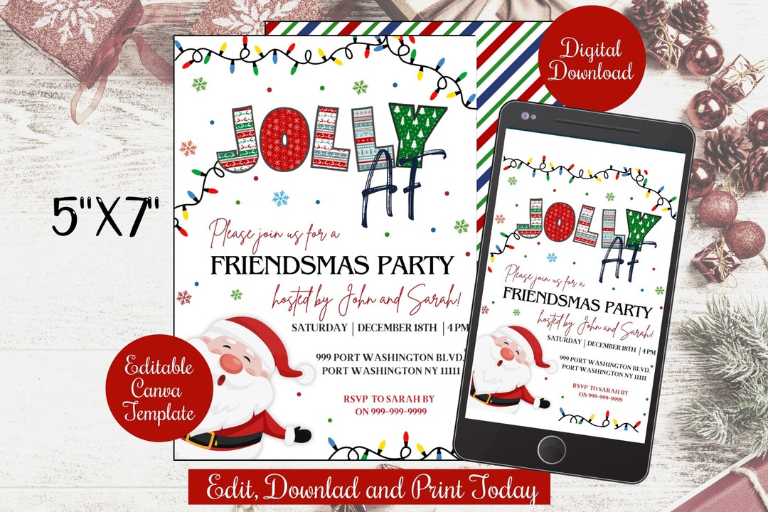 Jolly AF Friendsmas Party Invite, Editable Minimal Funny Christmas ...