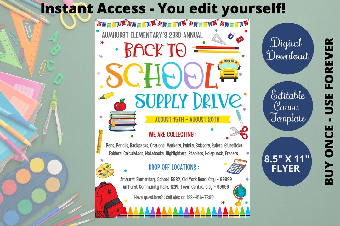 Back to School Supply Drive Flyer for PTO, PTA, Printable School ...