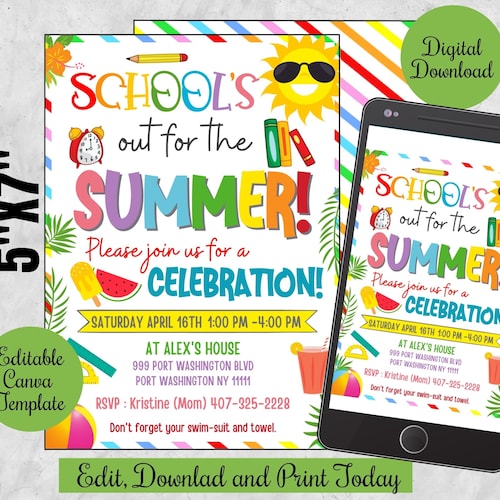 EDITABLE End of School Party Invitation Printable Digital - Etsy