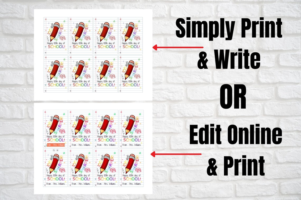 100th Day of School Pencil Gift Tags for Students 100 Days | Etsy