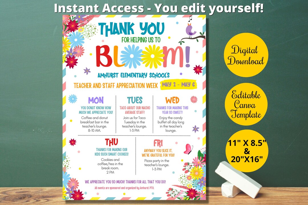 Editable Flowers/plants Theme Teacher Appreciation Week Schedule,thanks ...