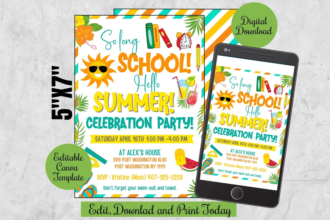 EDITABLE End of School Party Invite Evite ,so Long School, Hello Summer ...