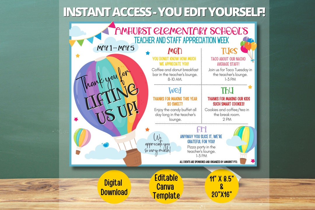 Lift Us up Themed Teacher Appreciation Week Itinerary, Editable Thanks ...