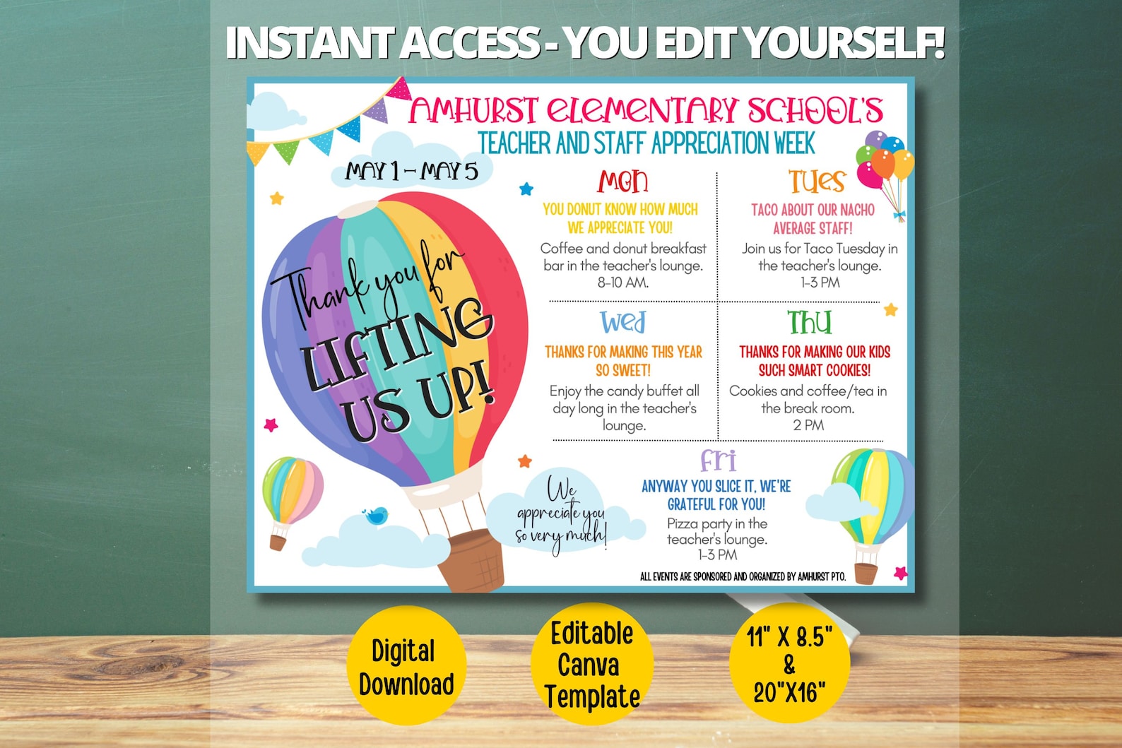 Lift Us up Themed Teacher Appreciation Week Itinerary, Editable Thanks ...