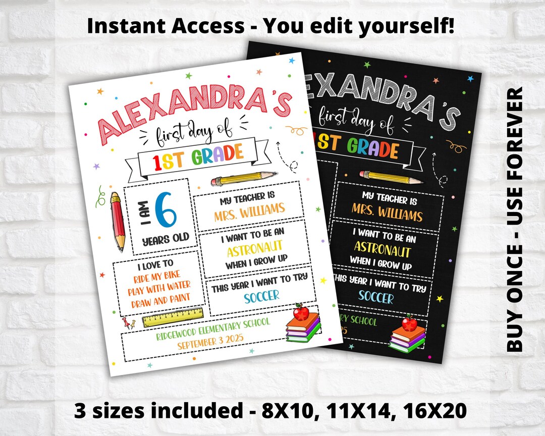 Editable First Day of School Sign Printable, Canva Template, Any Grade ...